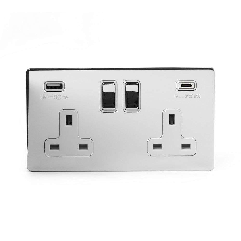 Soho Lighting Polished Chrome 2 Gang USB C Socket (13A Socket + 2 USB ...