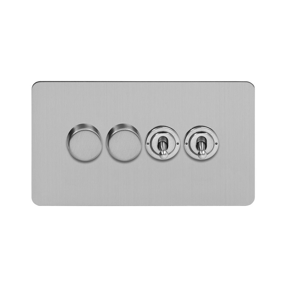 Brushed Chrome Flat Plate 4 Gang Switch with 2 Dimmers | 4 Gang dimmer ...