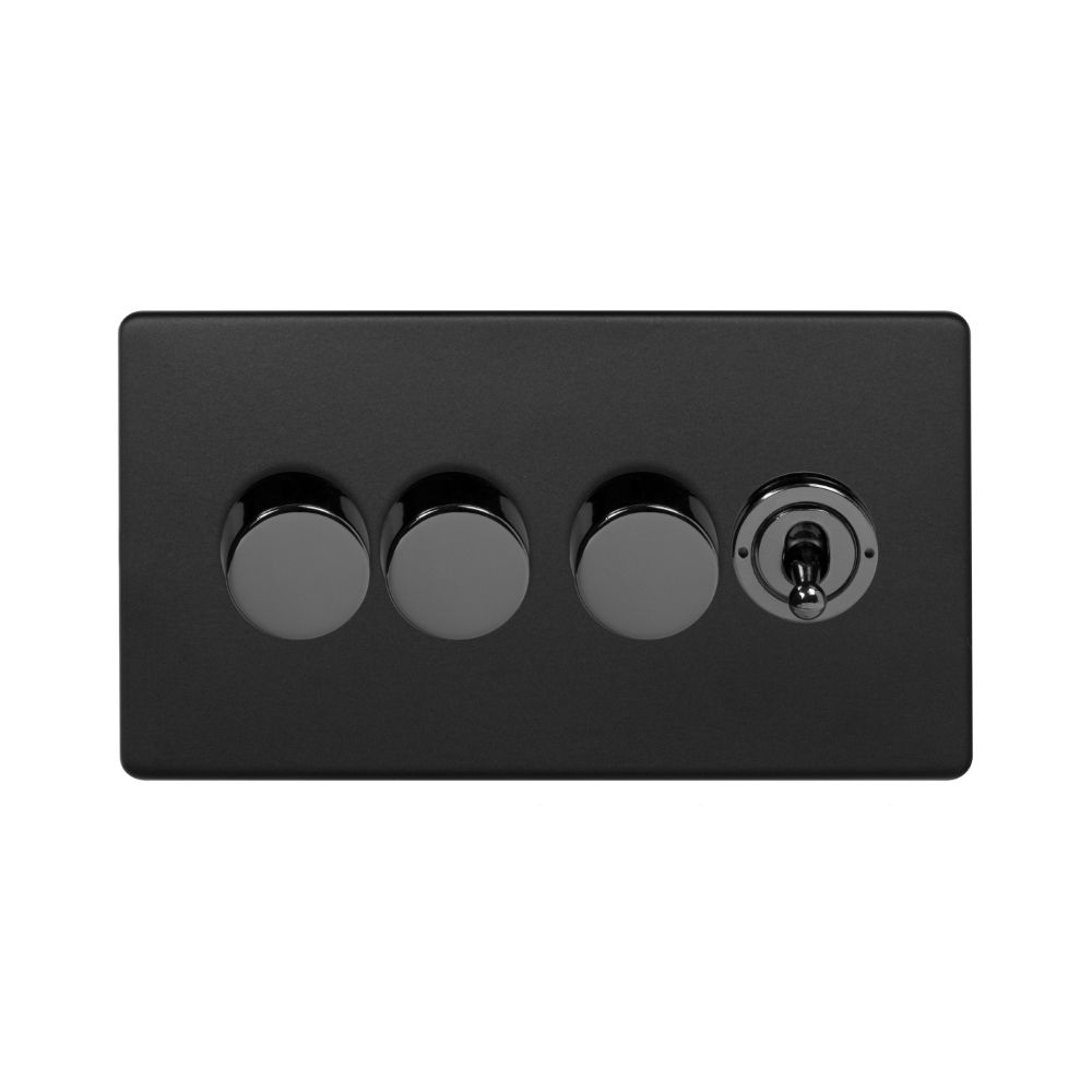 The Camden Collection Matt Black 4 Gang Switch with 3 Dimmers (3x150W ...