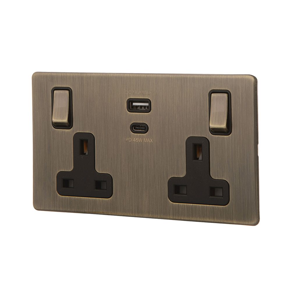 Soho Lighting Antique Brass 13A 2 Gang Fast Charge USB A+C Socket - The ...