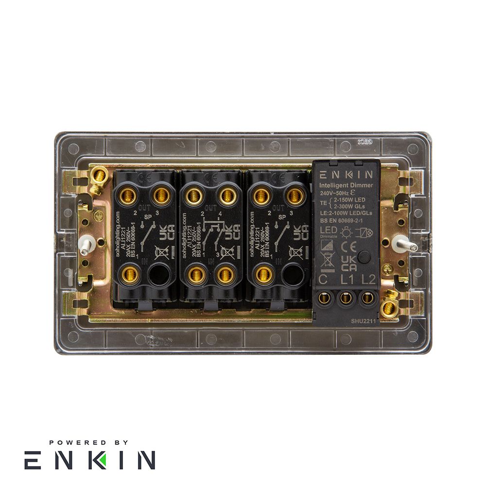 Soho Fusion Matt Black & Brushed Brass 4 Gang Switch with 1 Dimmer ...