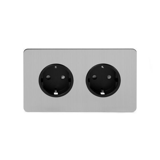 Double Schuko Socket Brushed Chrome Flat Plate 16A 2 Gang Euro Socket ...