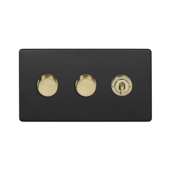 Soho Fusion Matt Black & Brushed Brass 3 Gang Switch with 2 Dimmers ...